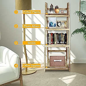 Babion Wood Ladder Shelf, 4-Tier Foldable Plant Shelf, Rustic Brown Indoor Plant Stand, Storage Rack Plant Stand for Home, Bedroom, Bathroom, Office, Industrial Style, Wooden Frame