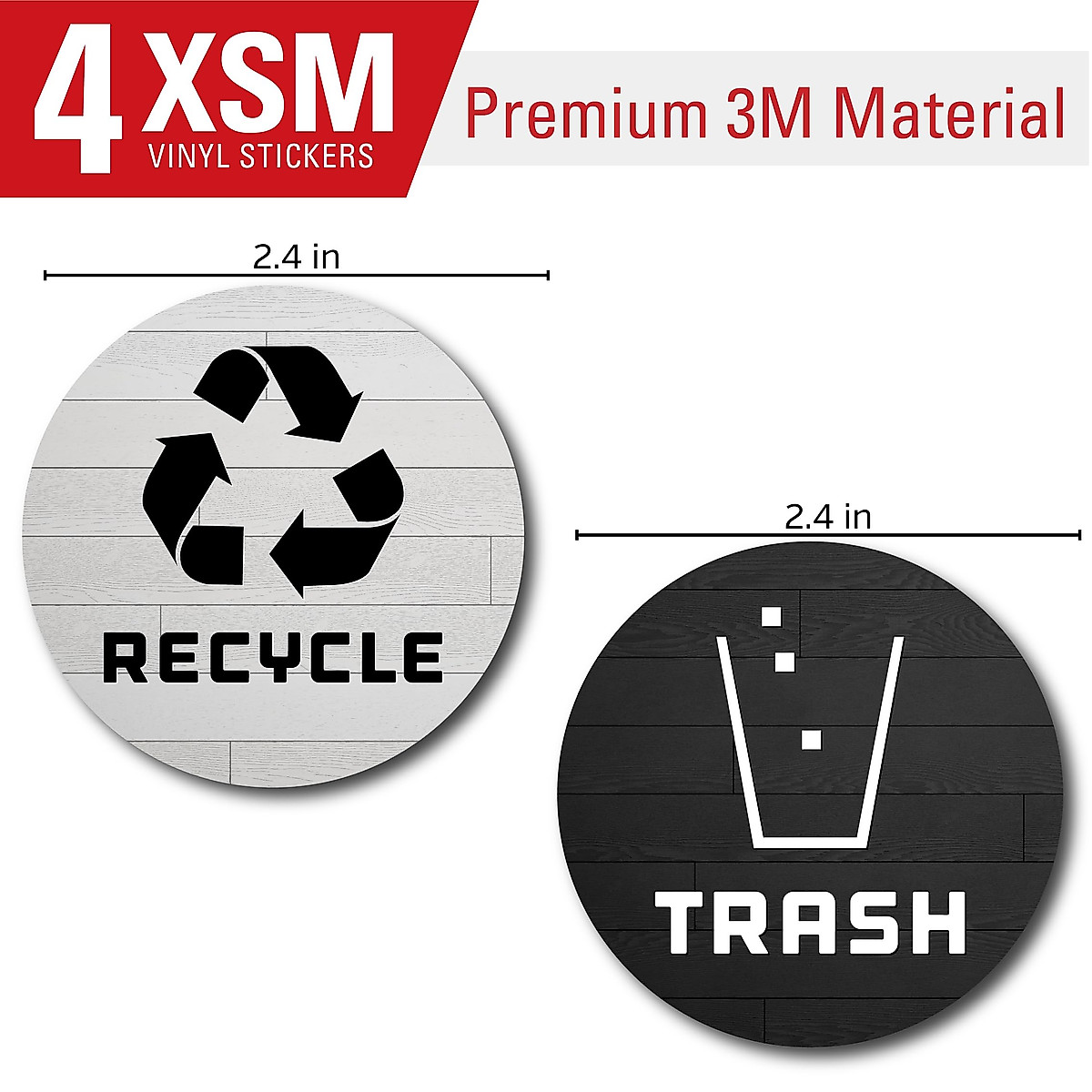8 Pack Recycle and Trash Stickers - 2.5in Circle - to Organize Your Home and Kitchen Trash - for Trash Bins, Garbage Cans and Recycle Bins - Premium UV Protected Vinyl Sticker (Wood Planks - White)