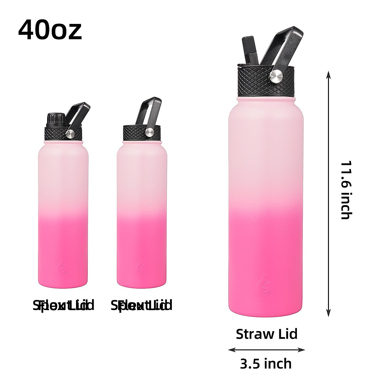 BJPKPK Insulated Water Bottles with Straw Lid, 40oz Stainless Steel Metal Water Bottle with 3 Lids, Reusable Thermos, Keep Cold Hot for Sports, Gym-Cherry