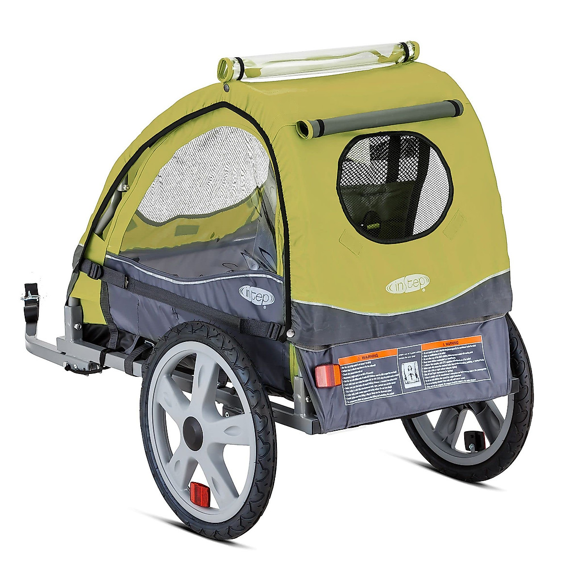 Instep Sync Single Seat Bike Child Trailer, Max Weight 40 lbs., 5-Point Harness, Folding Frame, Quick Release Wheels, Easy Storage, Bug Screen & Weather Shield, Green/Grey