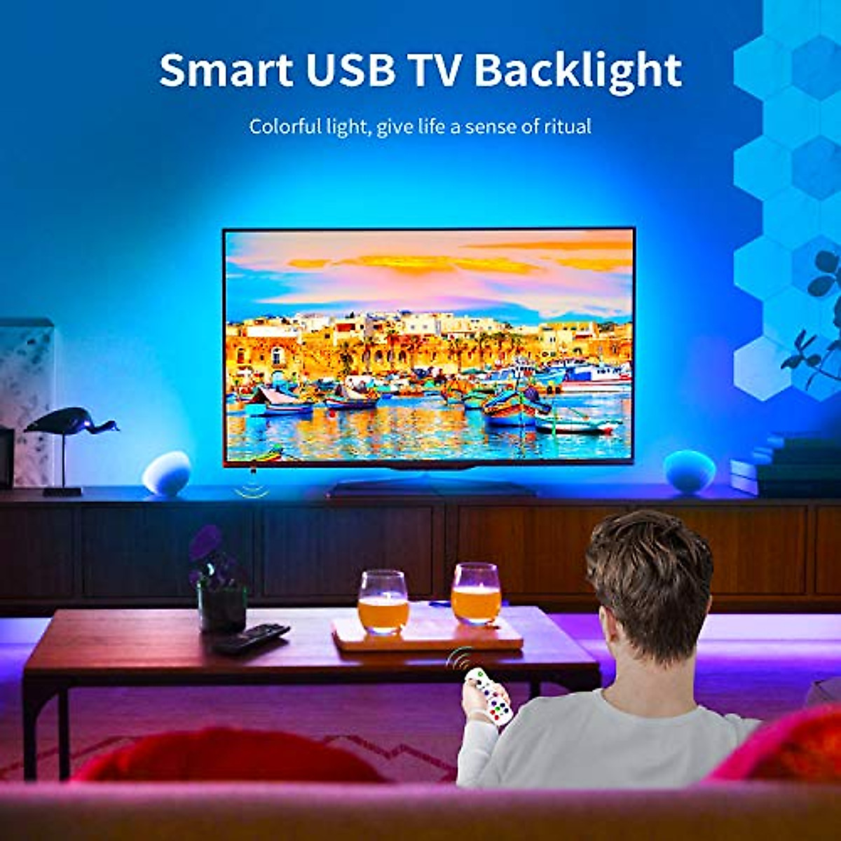 Hiromeco Bluetooth 21FT TV LED Backlight for 82 95 Inch, USB TV Background Lights Kit with APP Control, Music and Multiple Scene Mode, 16 Million Colors Changing Lights for PC Monitor Gaming Room.
