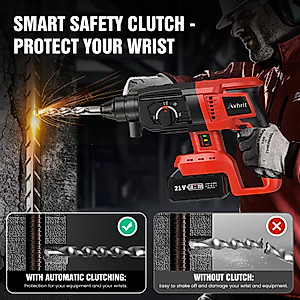 Avhrit 21V Cordless Hammer Drill, Powerful Rotary Hammer Drill with Batteries, Drill Bits, Brushless Motor, Safety Clutch, 4 in 1 Hammer Drill for Concrete Home Use and Professional Construction Work