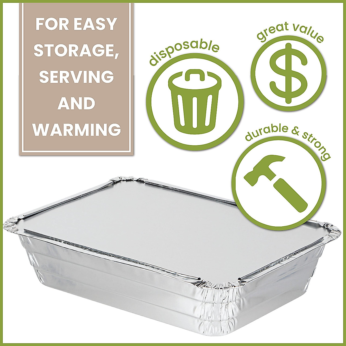 PARTY BARGAINS 2.25 Lb. Aluminum Pans with Lids - Set of 100 Pack with Board Lids, 8" x 6" Disposable Roasting and Steam Table Pans for Catering, Take-Out, Meal Prep (Max 240°C)