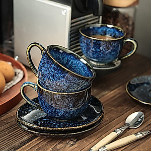 vicrays 6.5 oz Cappuccino Cups with Saucers, Set of 4, Ceramic Coffee Cup for Au Lait, Double shot, Latte, Cafe Mocha, Tea (Starry Blue)