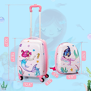 VLIVE Kid Luggage w/Wheels for Girls, Toddler Rolling 16in Suitcase w/12in Backpack, Girl Travel Carry-on(Mermaid)