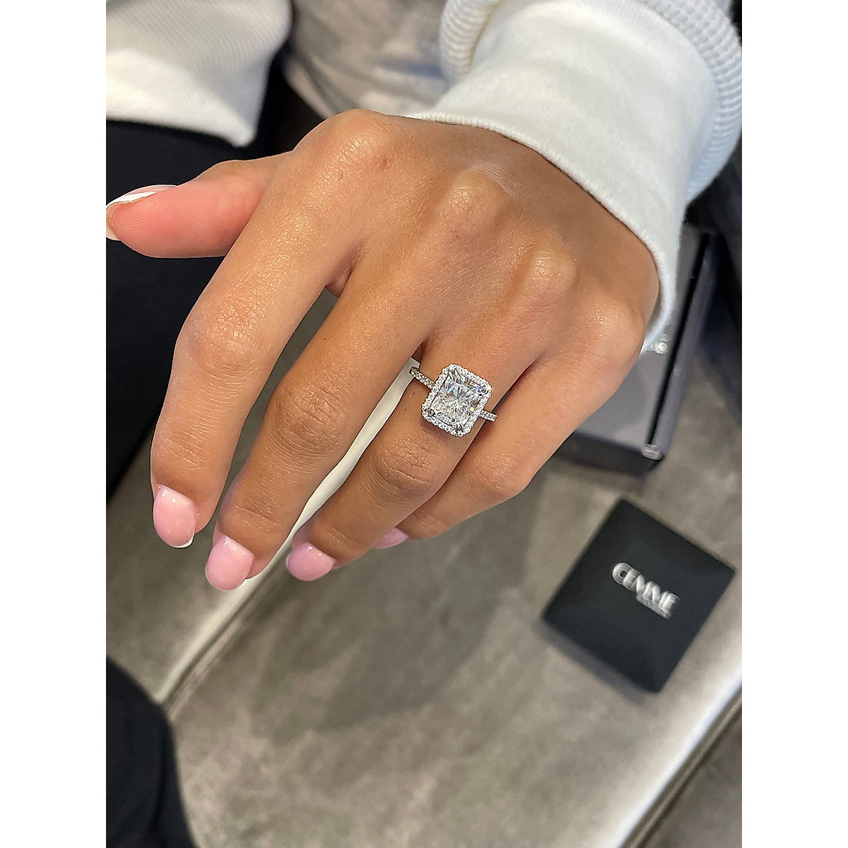 GLAM AND GEMS 3 Carat Radiant Cut Moissanite Engagement Statement Wedding Band Ring for Women in 14k White Gold (G-H, VVS, 3.35 CTW) Anniversary Promise Ring Size 4.5 to 11