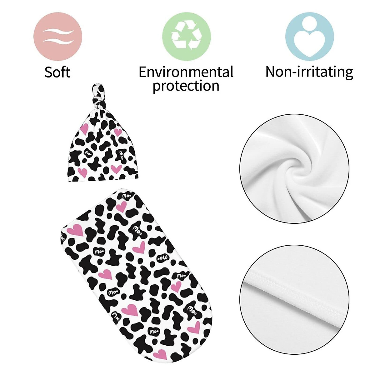 Cow Print Pink Heart Baby Stuff Newborn Swaddle and Hat Set Stretchy Soft Funny Baby Receiving Blanket Gifts for Infant Baby Boy Girl