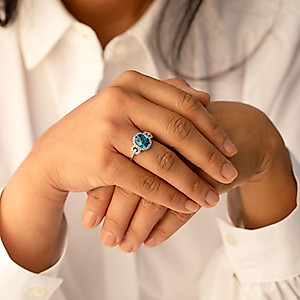 PEORA London Blue Topaz Ring for Women 14K White Gold, Natural Gemstone Birthstone, Large 3 Carats Oval Shape 10x8mm, Comfort Fit, Size 9