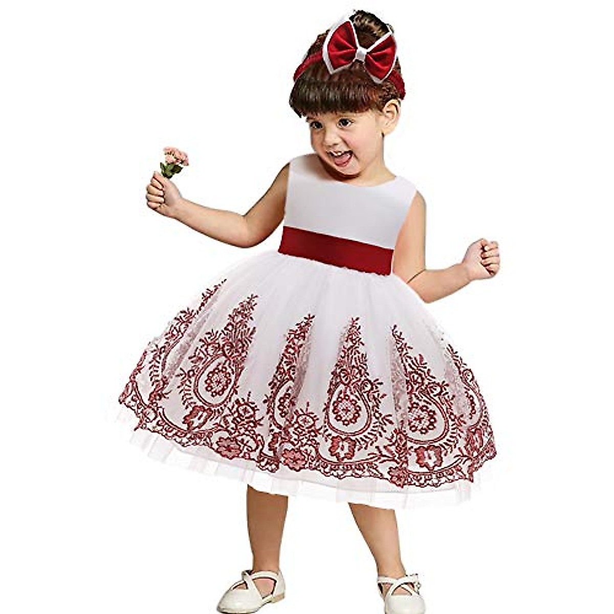 AVAZU 0-6T Easter Big Bowknot Pageant Lace Embroidery Dress Toddler Baby Girls Party Ball Gown Dress Tutu Gown Formal Dresses with Headwear Red+White 70