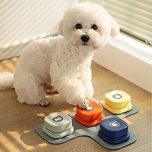 MEWOOFUN Dog Buttons for Communication Starter Pack Recordable Dog Talking Buttons Set Dog Training Speaking Buttons Dog Clicker with Mat & Stickers (4 Packs-Rubber Mat)