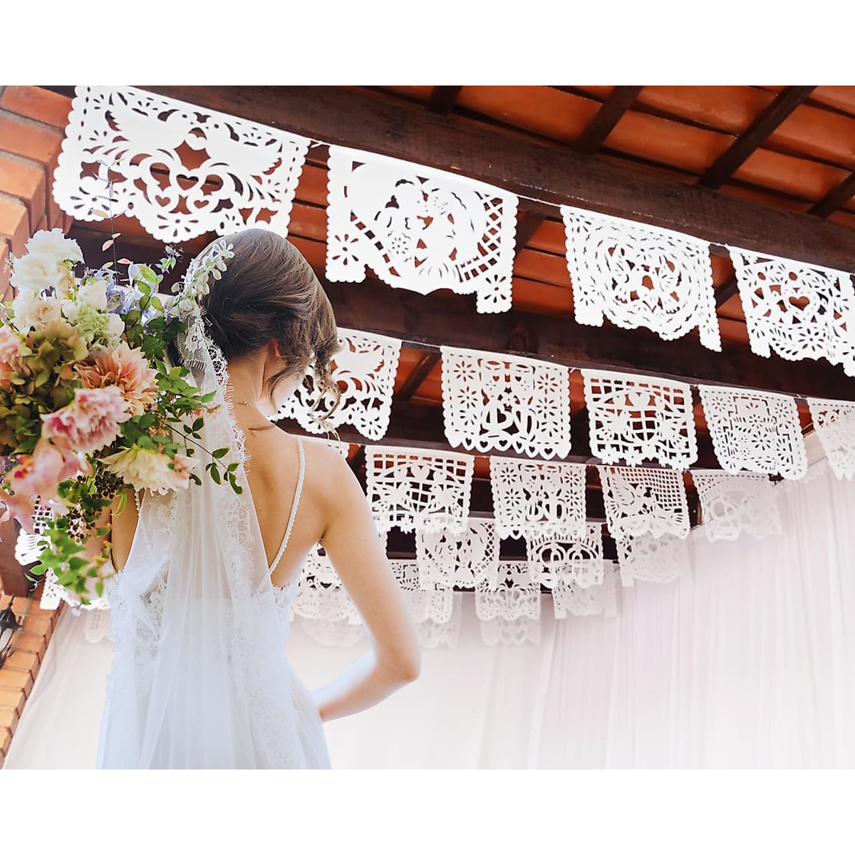 5 Pk Mexican Plastic Banners, 75 ft Long White Mexican Wedding Garlands, Perfect for Rehearsals, Bridal Shower, Photo Booth Backdrop, Engagement Party, Wedding Backdrop Banner B41