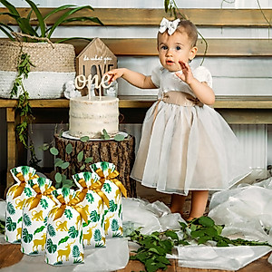 50 Pcs Jungle Animal Treat Bags Green Gold Safari Animal Palm Leaves PE Plastic Candy Goodie Bags Safari Party Favor Bags with Gold Drawstring Ribbons for Wild Jungle Baby Shower Birthday Party Favors