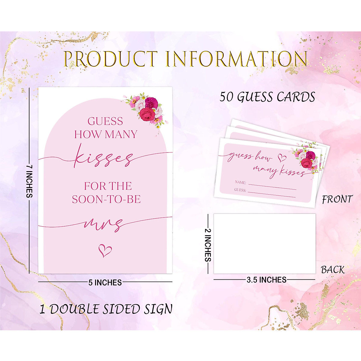 Pink Floral Bridal Shower Game, Guess How Many Kisses For The Soon To Be Mrs, Pack of 1 Sign and 50 Guessing Cards, Modern Bridal Shower Decorations, Wedding Shower Supplies - 01