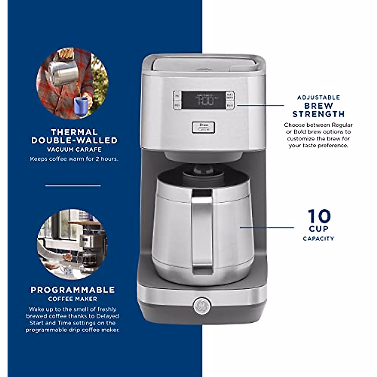 GE Drip Coffee Maker With Timer | 10-Cup Thermal Carafe Pot Keeps Coffee Warm for 2 Hours | Adjustable Brew Strength | Wide Shower Head for Maximum Flavor | Kitchen Essentials | Stainless Steel