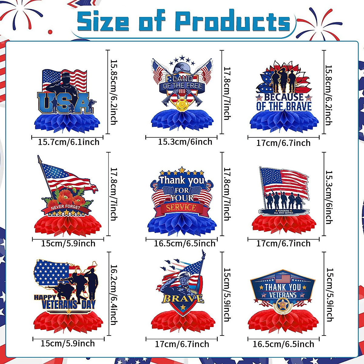 Gameza Veterans Day Party Decorations - 9PCS Veterans Day Decorations Thank You Veterans Honeycomb Centerpieces Table Decor Happy Veterans Day Patriotic Decorations Memorial Day Theme Party Supplies