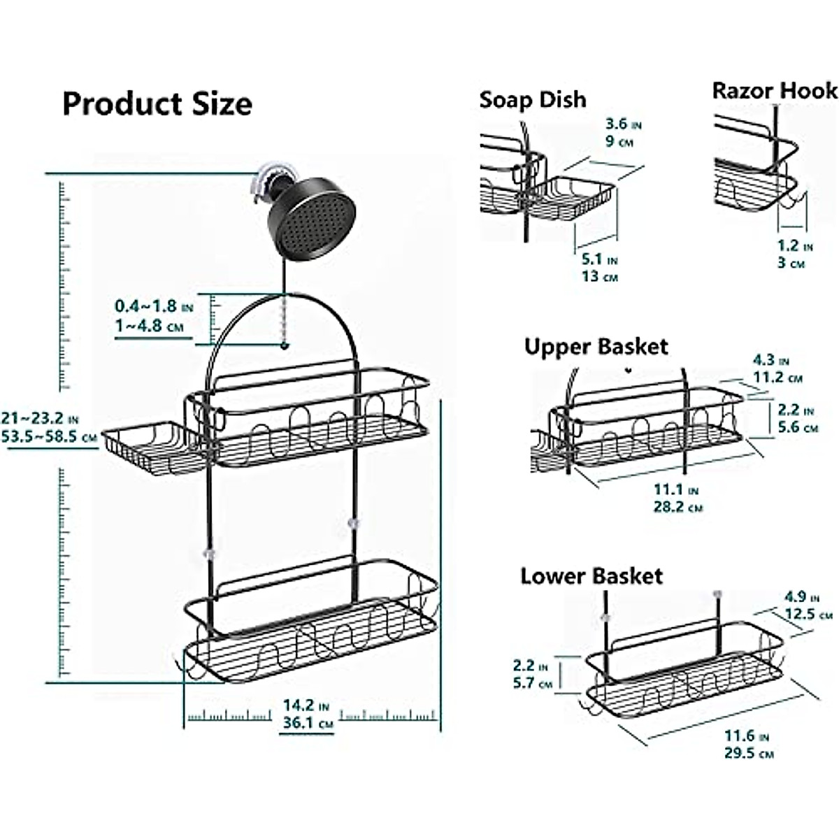 Neahom Hanging Shower Caddy Over Shower Head for Bathroom, Matte Black Stainless Steel Soap Holder & Razor Holder & Hooks, Hanging Shower Shelf Organizer, Storage Rack, Rustproof, Anti-Swing