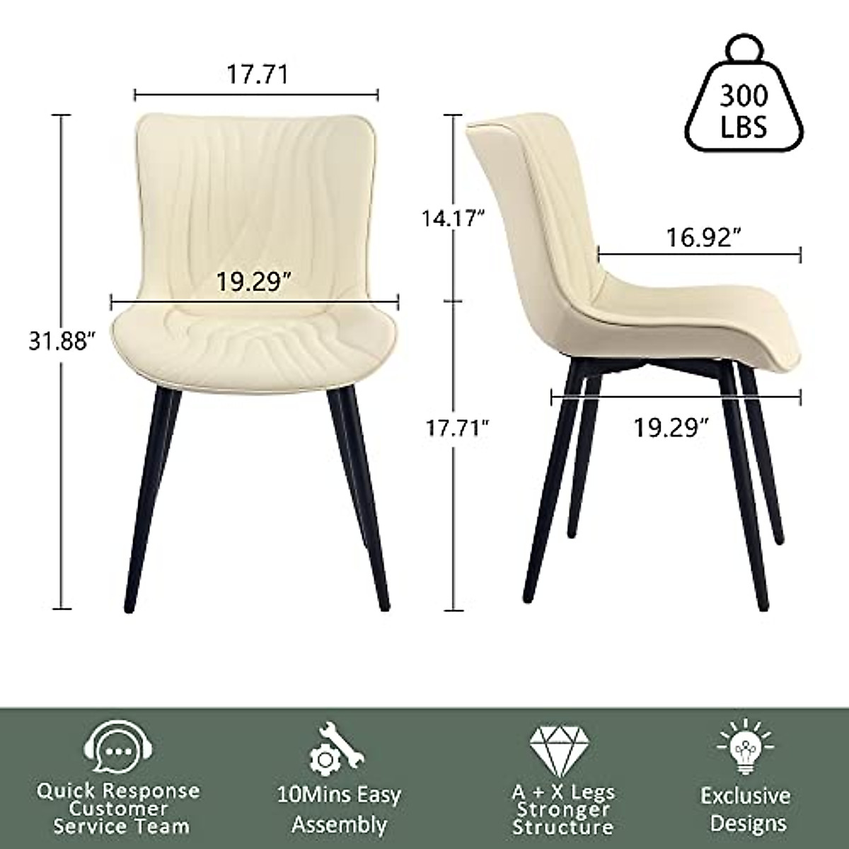 YOUTASTE Dining Chairs Set of 2 Upholstered Mid Century Modern Kitchen Dining Room Chairs Armless Faux Leather Accent Chairs Metal Vanity Lounge Chair with Back for Living Room Bedrooms,Beige