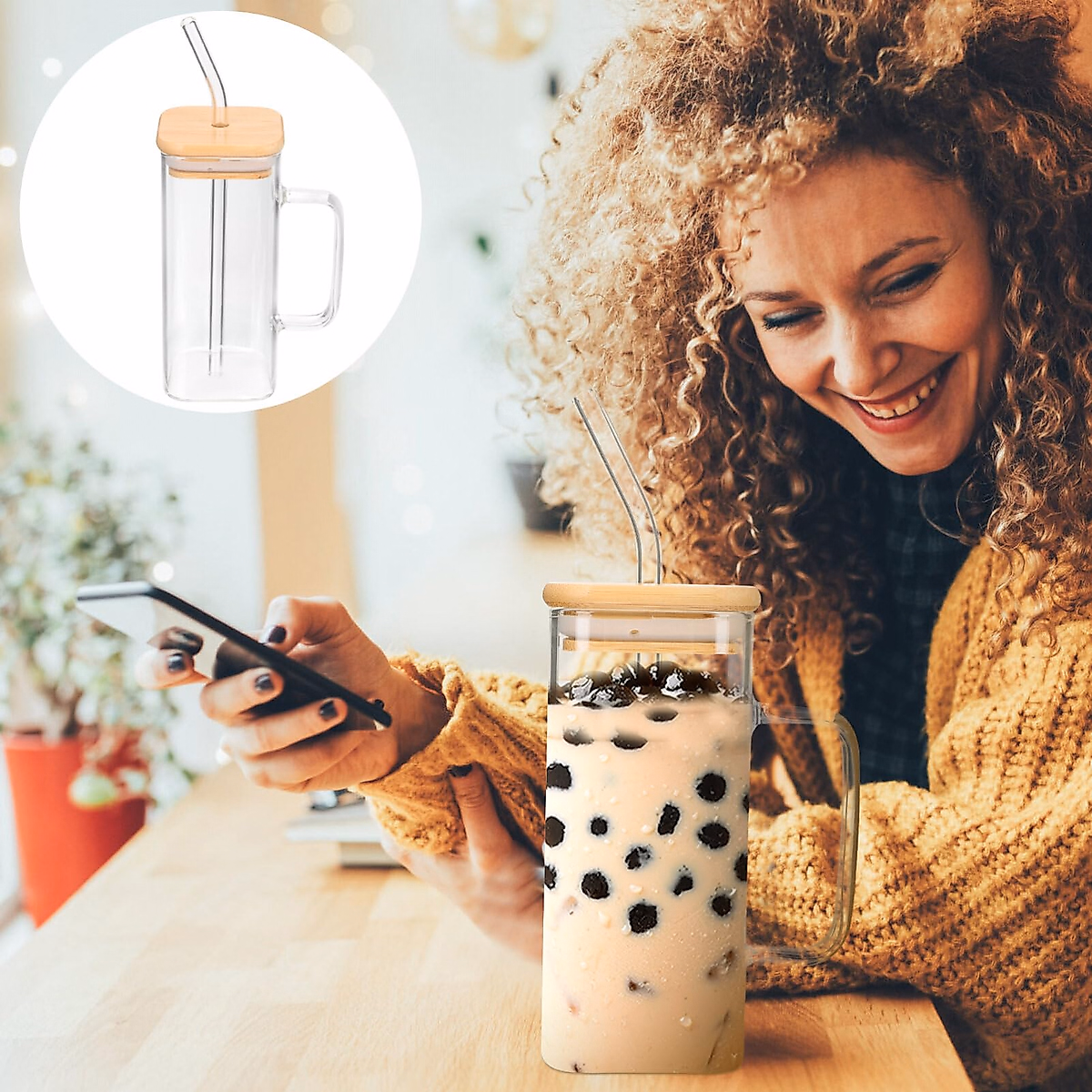 Hemoton Drinking Glasses with Wood Lids Beverage Tumbler Cup with 400ml Water with Handle Juice Cups Tall Drinking Glasses for Juice Milk Smoothie Coffee