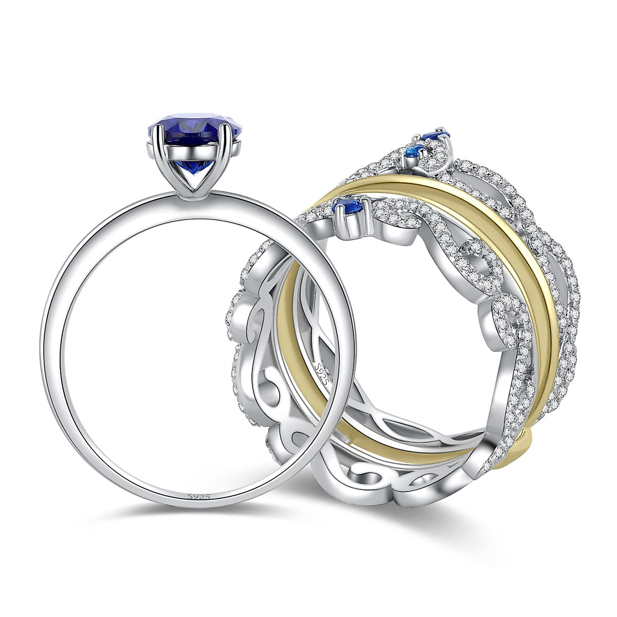 JewelryPalace Infinity Knot 1.8ct Blue Sapphire Solitaire Engagement Rings Women, Vintage 925 Sterling Silver 14K Yellow Gold Promise Ring Her, Wave Crown Wedding Band Enhancer Ring Bridal Set 7