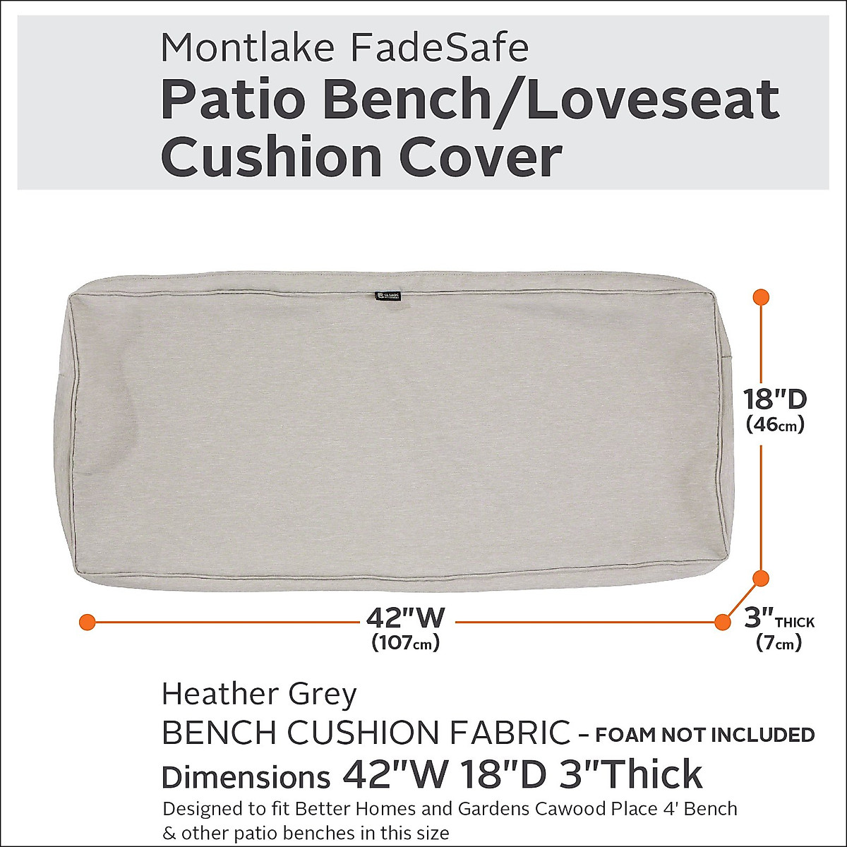 Classic Accessories Montlake Water-Resistant 42 x 18 x 3 Inch Outdoor Bench/Settee Cushion Slip Cover, Patio Furniture Swing Cushion Cover, Heather Grey, Patio Furniture Cushion Covers