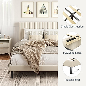 HAOARA Queen Size Platform Bed Frame with Velvet Upholstered Headboard, Queen Bed Frame with Strong Wood Slats, Box Spring Optional, Mattress Foundation, Easy Assembly Beige