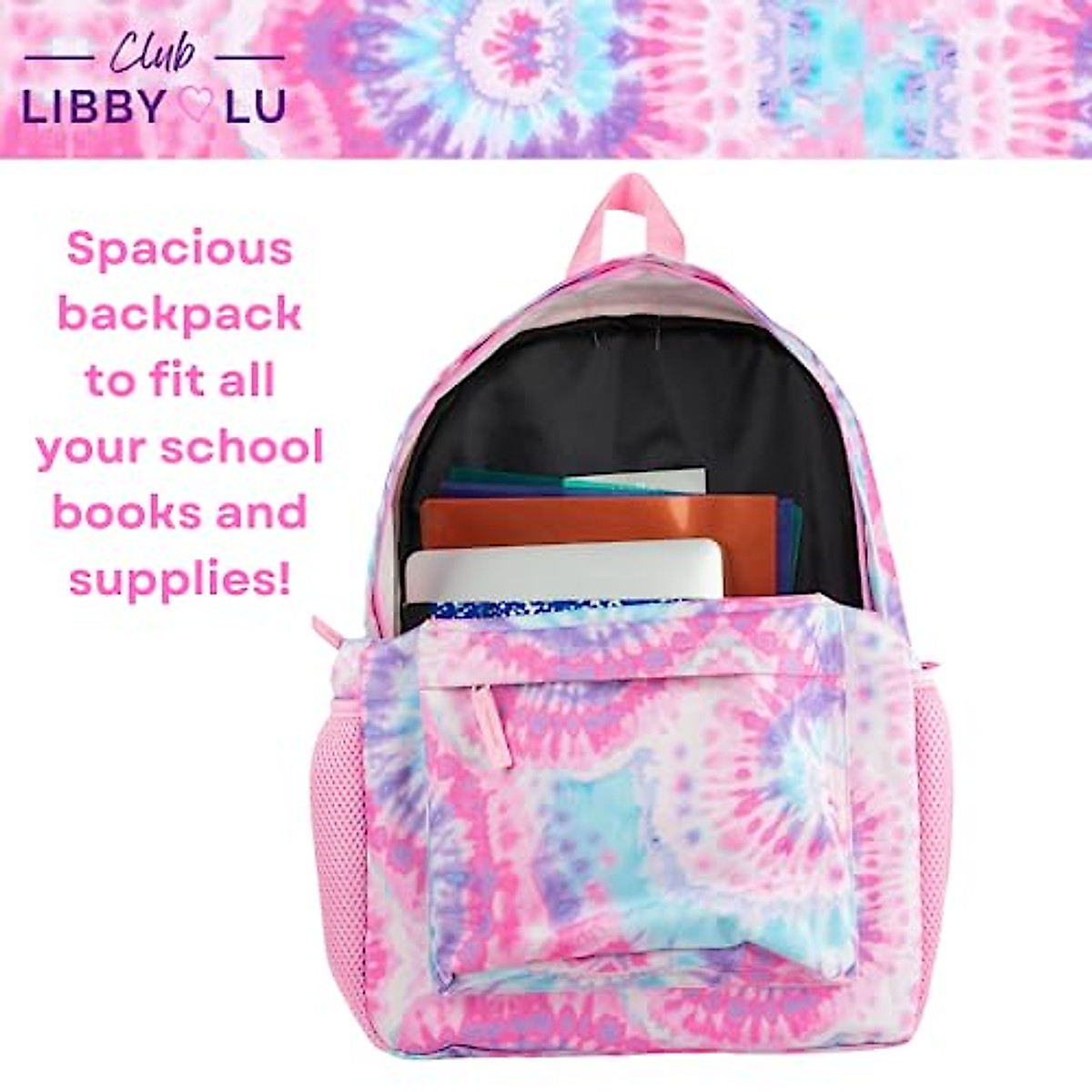 CLUB LIBBY LU Pastel Tie Dye Backpack for School Girls, 16 inch, Pink