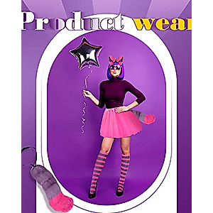 Striped Cat Costume for Girls Women, Cat Ears, Furry Tail, Striped Socks for Halloween Cosplay (Purple, Pink)