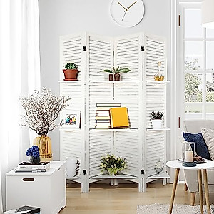 ECOMEX 4 Panel Room Divider with Shelves 5.6Ft Tall Folding Privacy Screens Room Dividers for Bedroom Home Double Hinged Wooden Room Dividers and Room Separator, White