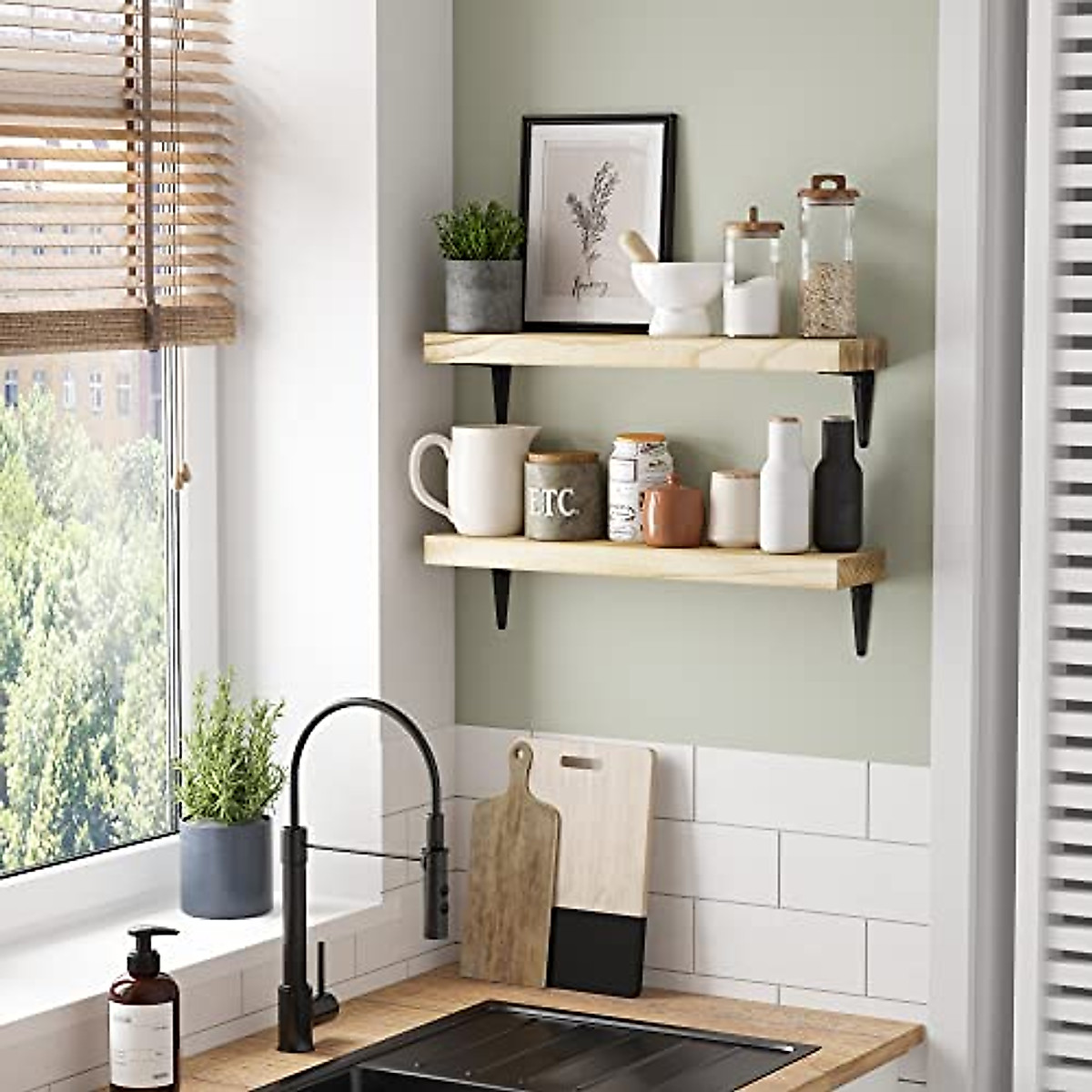 Wallniture Arras 24" Floating Shelves for Wall, Living Room Wall Bookshelf, Kitchen Shelves for Storage, Bathroom Wall Shelves, Office & Bedroom Storage Shelf Set of 2, Burnt, Wood