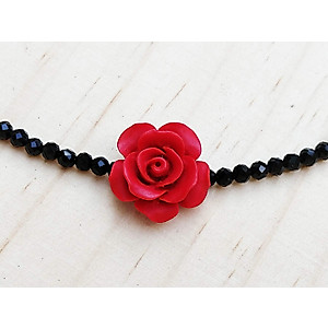 CF100 Black Choker With Red Rose, 925 Sterling Silver Black Spinel Beads Flower Red Rose Choker 13+2” (Red Rose