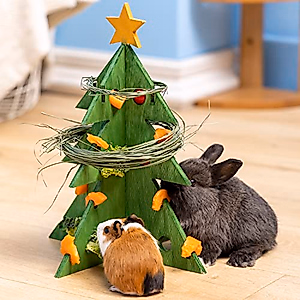 Guinea Pig Toys, Christmas Tree Foraging Puzzle Toy Treat Feeder for Bunny Hamster Rabbits Wooden Enrichment Vegetable Rack Mental Stimulation Interactive Toy Xmas Gift Habitat Decor for Small Pets