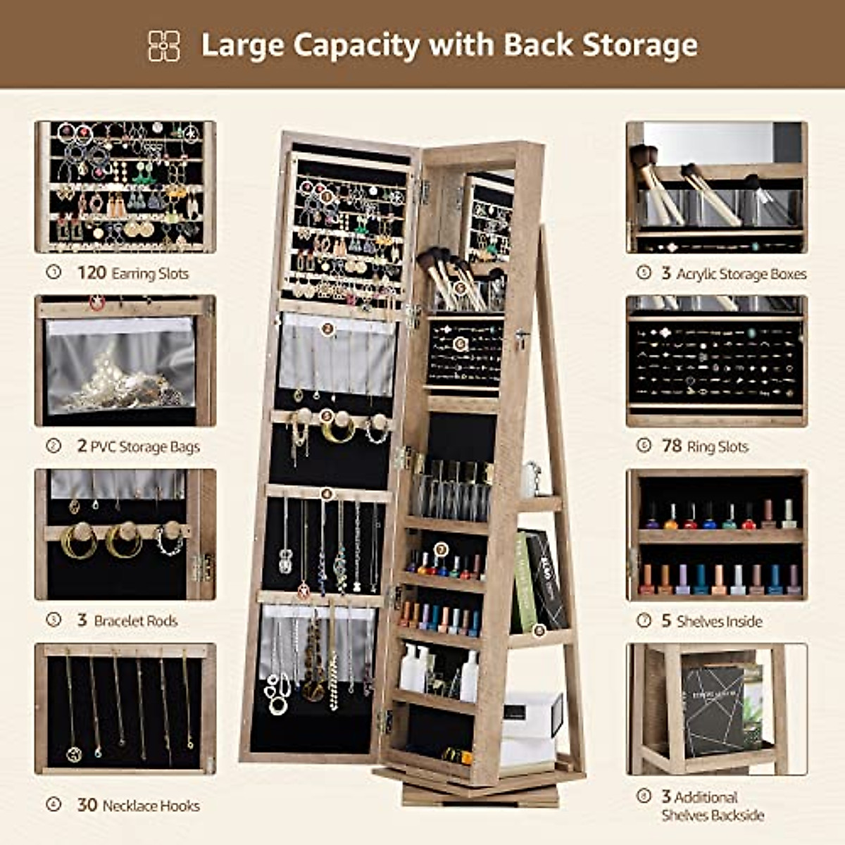 SERWALL 360 Rotating Jewelry Stand Organizer - Jewelry Armoire with Full-Length Mirror- Freestanding Dressing Mirror Jewelry Cabinet Storage - WOOD