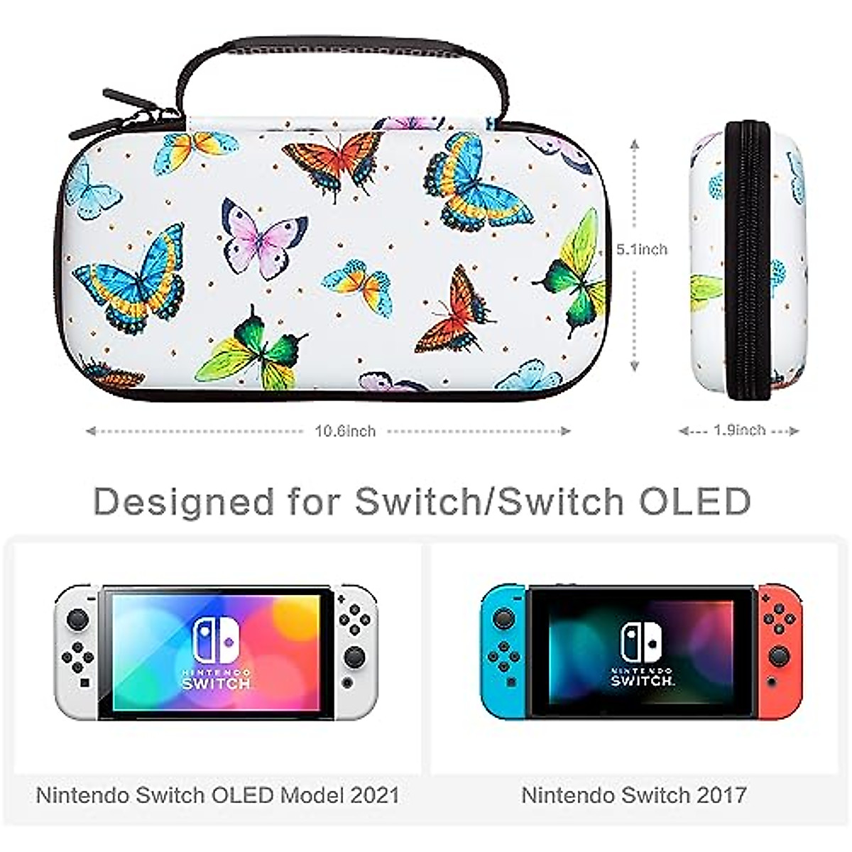 Butterfly Nintendo Switch Case, Nintendo Switch OLED Case, Nintendo Switch Carrying Case for Girls Boys, Protective Hard Shell Portable Swtich Case for Nintendo Switch Console & Accessories, White
