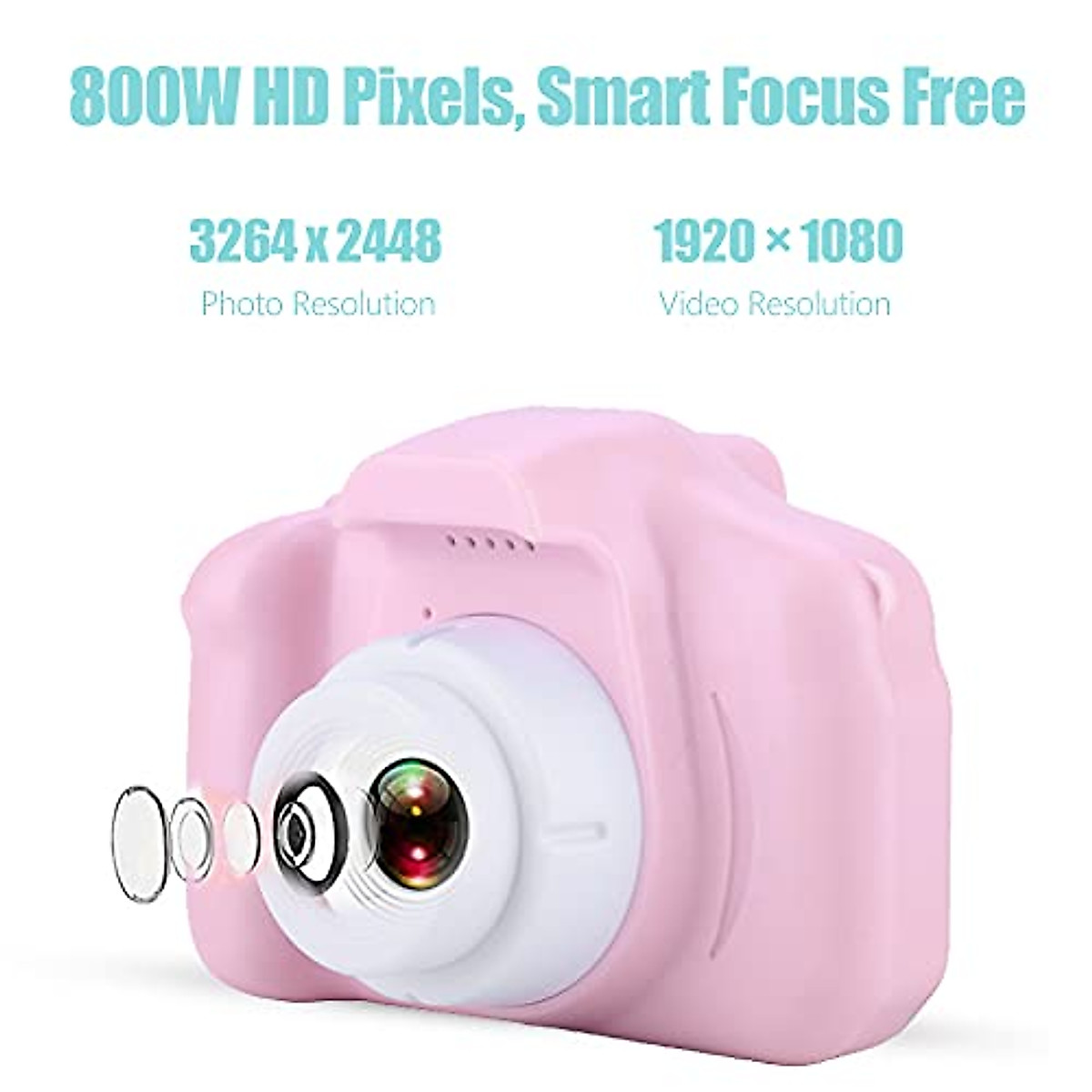 PUSOKEI Mini Portable Kids Camera 2.0in IPS Color Screen Child Digital Camera with Photo/Video Function, HD 1080P Camera Cartoon Children Camera with Neck Lanyard for Outdoor, Toy, Gift(Pink)