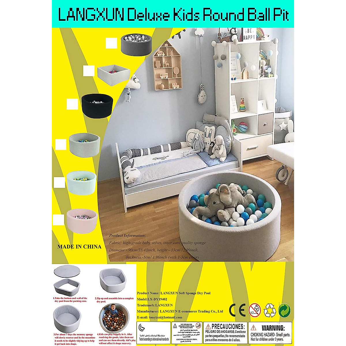 LANGXUN Pit Ball Kiddie Dry Pools, Kids Ball Pit Playpen for Baby Kids Children, Ball Pits Accessories, Baby Toddler Ball Pit, Indoor Playpen, Birthday for Baby Toddler Kids