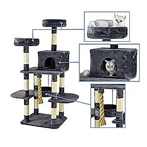 Go Pet Club 61.5" Jungle Rope Cat Tree Kitty Condo Tower House Furniture with Swing Bed for Indoor Cats, Slate Gray