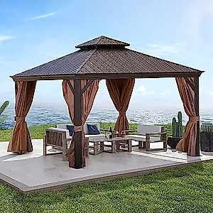 Aluminum Outdoor Gazebo with Steel Permanent Hardtop Canopy Shelter Pavilion Including Netting for Patio, Garden, Lawn Backyard (12'x12' Brown)