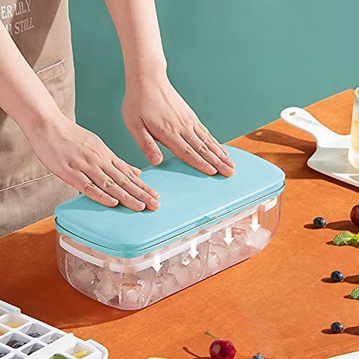 LittleStar Ice Tray with Lid and Bin-Updated Press Plate Easy Release Ice Cubes Double Layers Ice Makers For 48pcs Ice Cubes BPA Free (Blue)