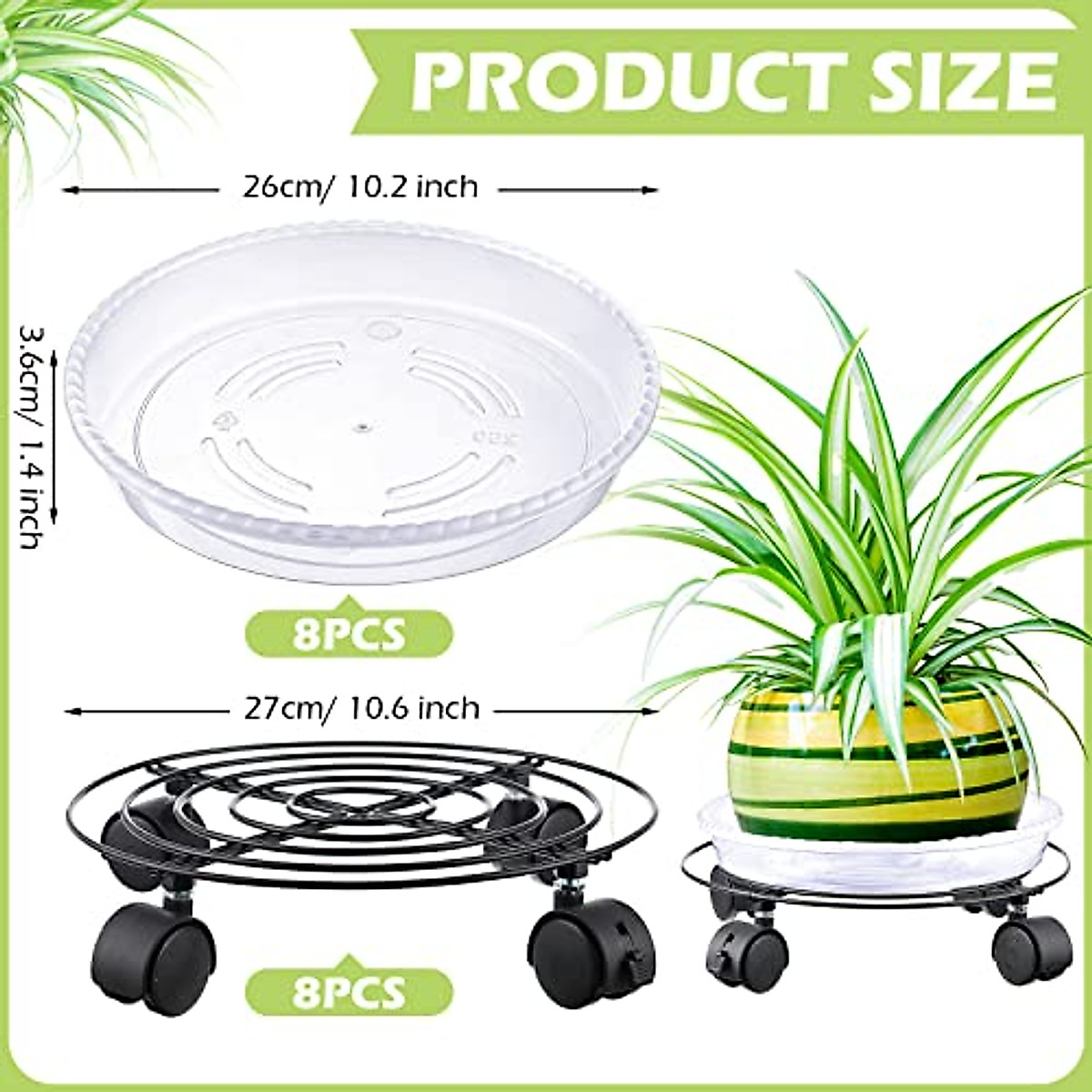 8 Pack Metal Plant Stand Plant Dolly with Wheels Iron Rolling Plant Stand with Casters Heavy Duty Round Flower Pot Rack with 8 Pcs Plastic Saucers for Indoor Outdoor Plant Pot (Black,10.6 Inch)