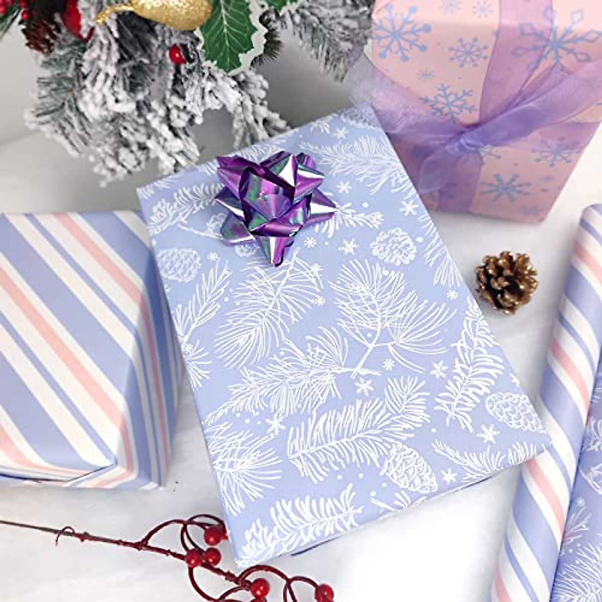 LDGOOAEL Mini Short Small Christmas Wrapping Paper Roll with Cut Lines on Reverse (17" X 120" Per Roll) - Pink Snowflakes & Purple Pine for Holiday, Birthday, Wedding, Baby Shower