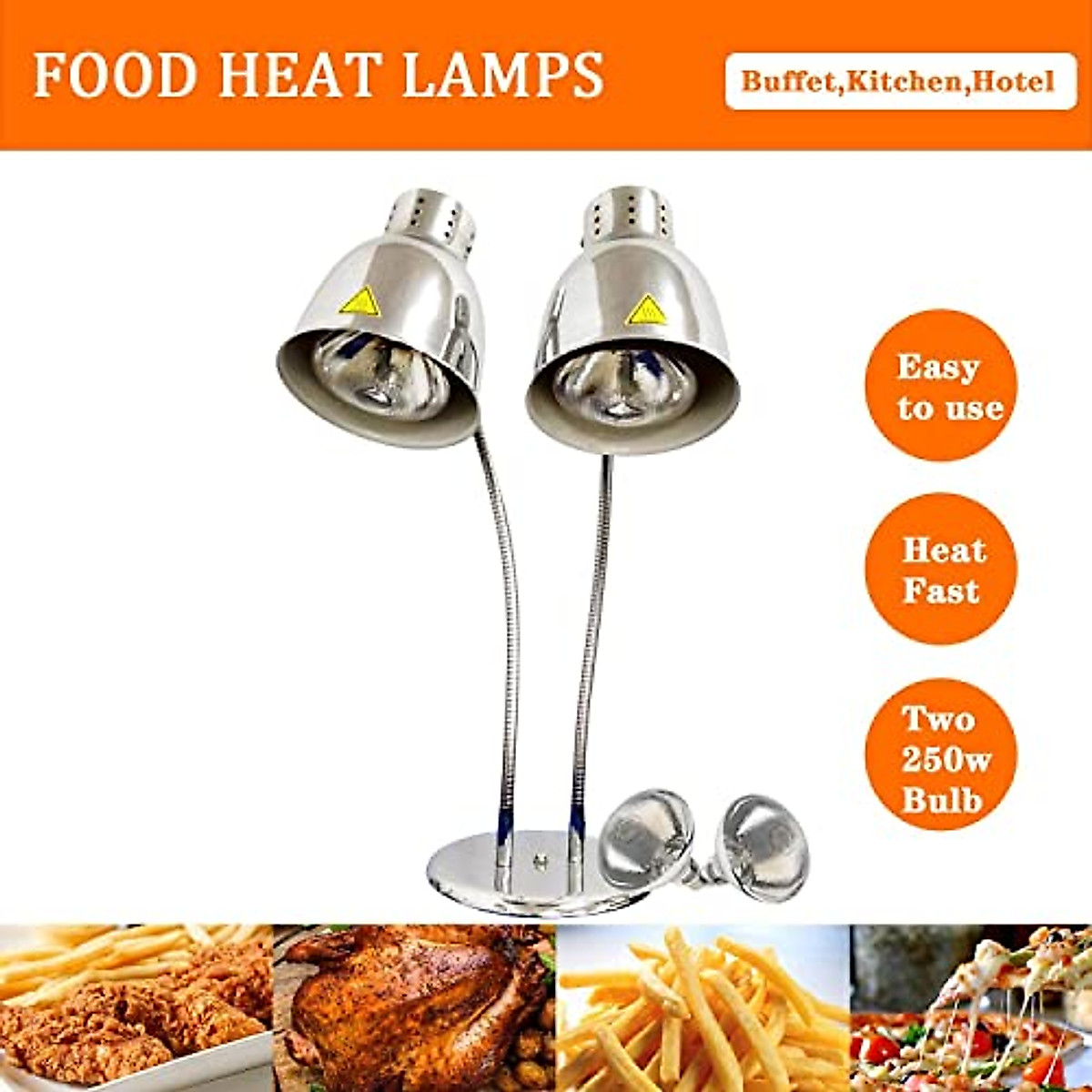KOUWO Food Heat Lamps with Dual 250w Bulbs Food Warmer Lights Food Heating Warmer Lamp Restaurant Kitchen Buffet Warmer Table (Double Head)