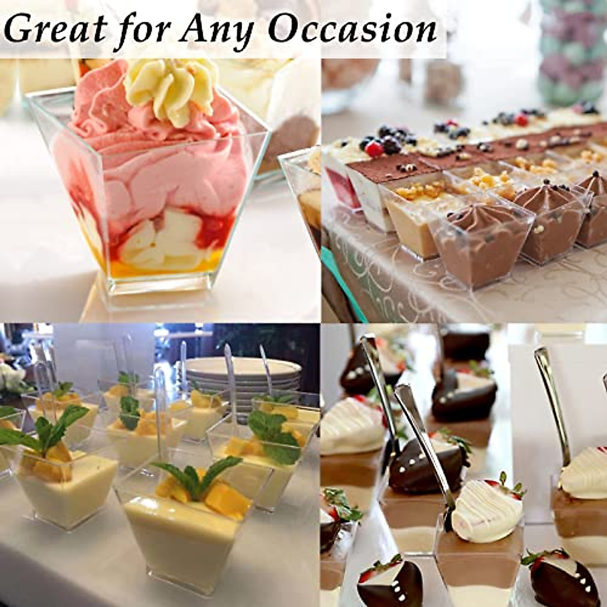 Lyellfe 100 Pack 4 Oz Dessert Cups with Spoon, Clear Plastic Cups, Mini Disposable Square Parfait Shooters Cups for Appetizer, Ice Cream, Pudding, Tasting Party