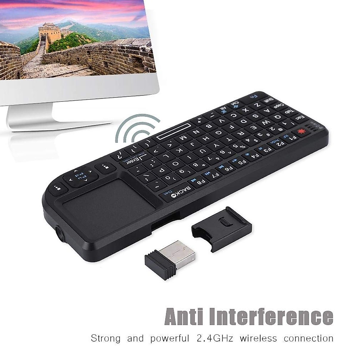 Serounder 2.4GHz Touchpad Keyboard,RT-MWK02 Mini Keyboard Rechargeable Ultra-Thin Mini USB Backlit Keyboard with IR Light for HTPC for PS3/4 for 360 and ONE(QWERTY Keypad)