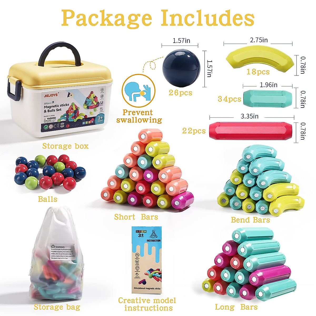 JIEJOYS Magnetic Balls and Rods Set, 100PCS Magnetic Building Sticks Blocks Toys, Educational Stacking STEM Magnet Toys Gift for Kids and Toddler Age 3 and Up.