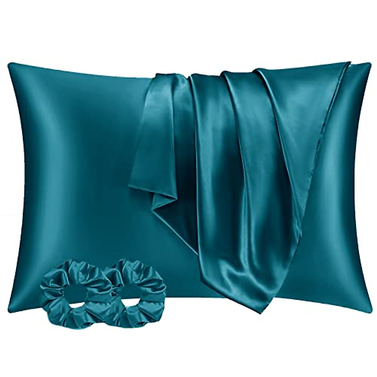 King Satin Pillowcase for Hair and Skin, King Silk Pillowcase 2 Pack, King Size Silk Pillowcase Set of 2 with Envelope Closure, Teal 20x36 inches & 2 Scrunchies by CJ&J HOME
