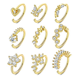 Drperfect 20G Stainless Steel Nose Ring Hoop for Women Men Paved CZ Butterfly Flower Heart Star Cross Cartilage Helix Tragus Earring Hoop Piercing for Nose Ear Silver Gold Rose Gold Black Plated