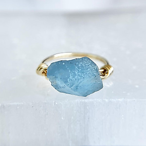 Raw Aquamarine Gemstone Ring, Irregular Shaped Stone Ring, Sterling Silver 14K Gold-Filled 14K Rose Gold-Filled Band, Wire Wrapped Band, March Birthstone, Custom Size, Jewelry Inspirations
