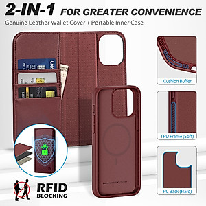SHIELDON Wallet Case for iPhone 15 Plus 5G, Genuine Leather Detachable Book Flip RFID Blocking Card Slot Magnetic Shock Absorbing Wireless Charging Case Compatible with iPhone 15 Plus - Wine Red