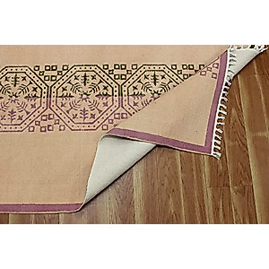 Casavani Indian Handmade Cotton Dhurrie Striped Green & Pink Area Rug Boho Kilim Flat Weave Rug Indoor Hall Room Decor Carpet Throw Rugs for Bedroom Living Room Bathroom Balcony 9x9 Feet Square