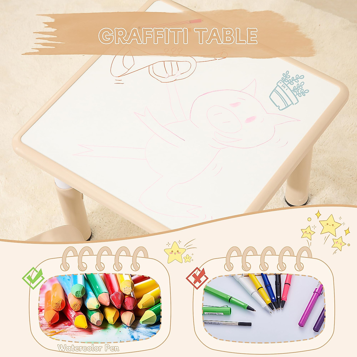 SINKIPA Kids Table and 2 Chairs Set, 23.6''L x 23.6''W Toddler Table and Chairs, Height Adjustable Kids Study Table for Ages 2-10, Graffiti Desktop Children Activity Table with Anti-Slip Foot Covers